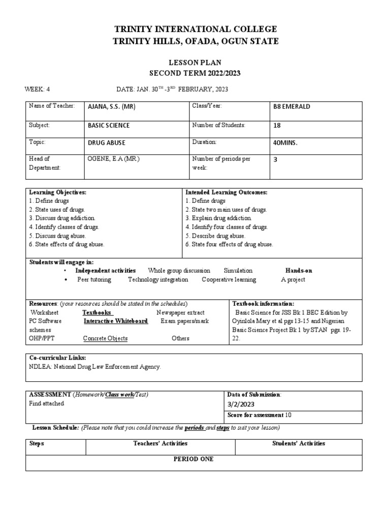 Drug Abuse Lesson Plan for JSS B8 | PDF | Teachers | Education Theory