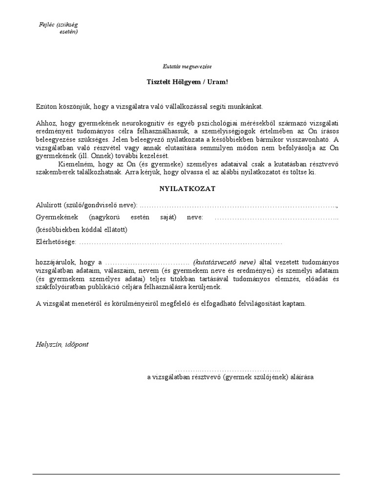 Beleegyező Nyilatkozat Minta | PDF