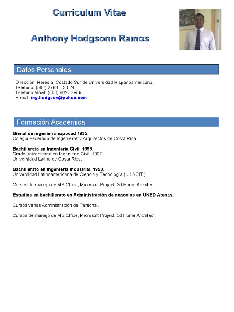 Curriculum Anthony Hodgson | PDF | Ingeniería | Ingeniero civil