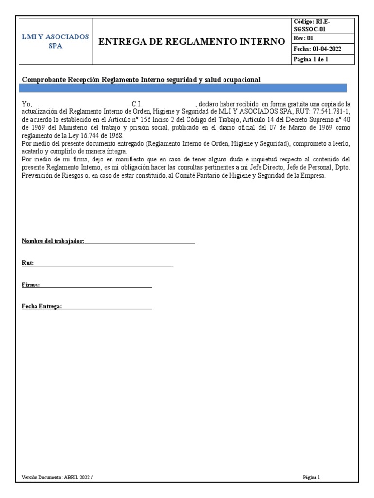 Formulario y Registro - Entrega Reglamento Interno | PDF