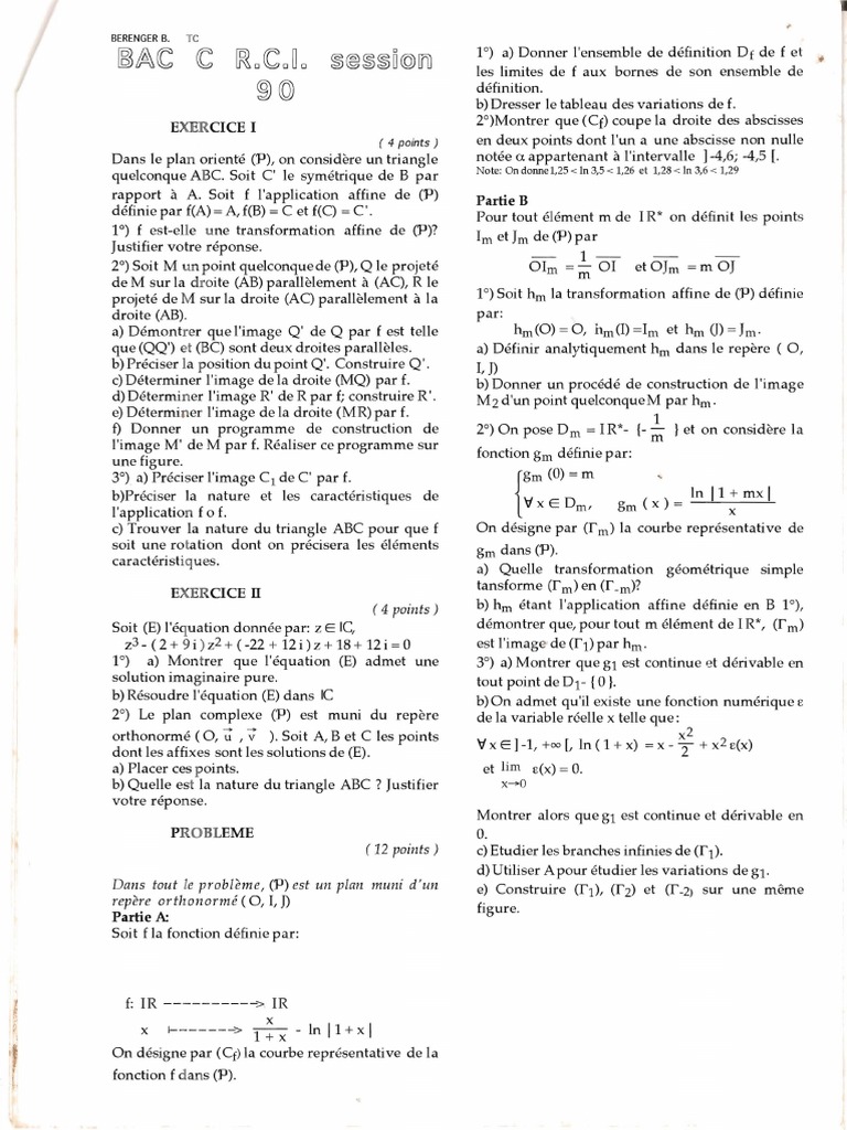 Bac C 1990 Maths RCI | PDF | Nombre complexe | Fonction (Mathématiques)
