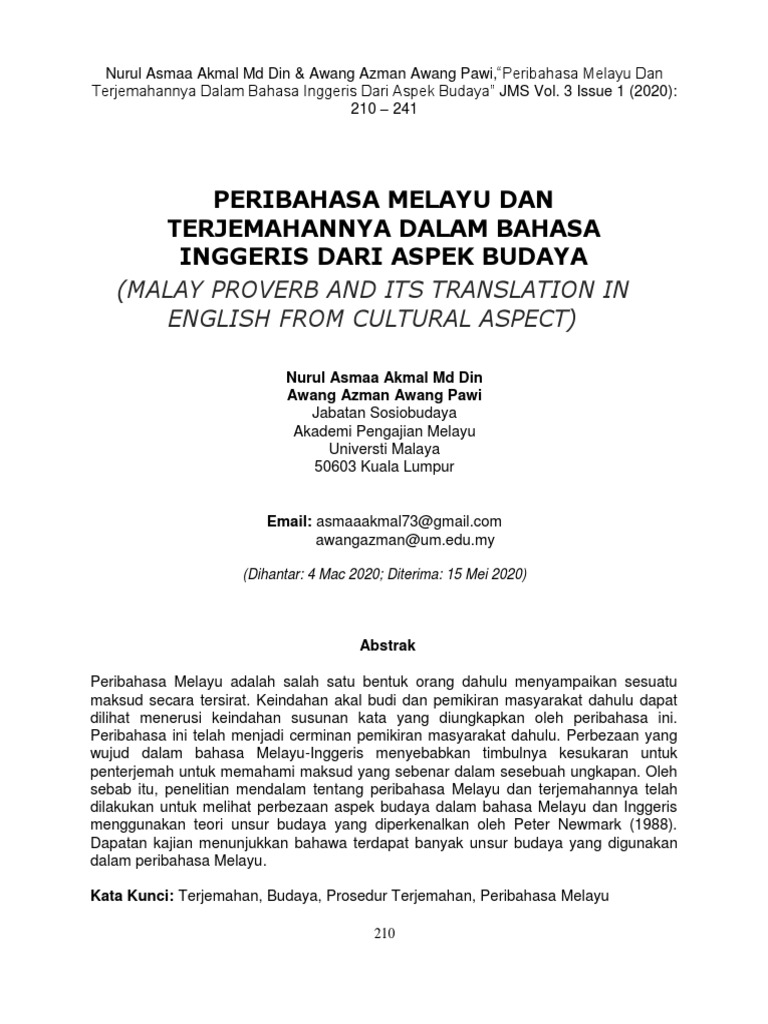 Peribahasa Melayu Dan Terjemahannya Dalam Bahasa Inggeris Dari Aspek ...