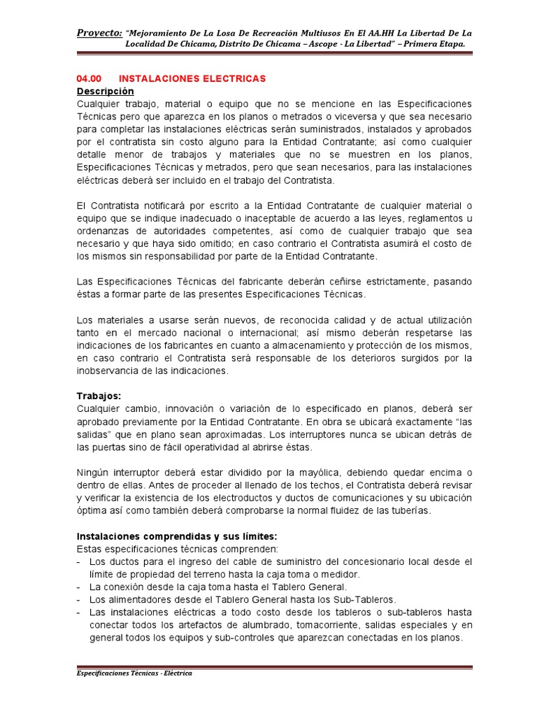 Especificaciones Técnicas Instalaciones Eléctricas | PDF | Conductor electrico | Cobre