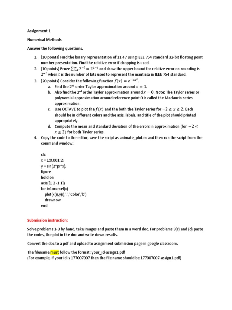 Numerical Methods Assignment 1 Solutions To Problems On Floating Point Representations Taylor 