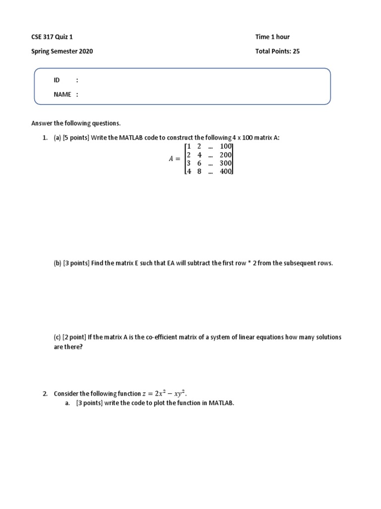 CSE 317 Quiz 1 Spring 2020 | PDF | Teaching Methods & Materials