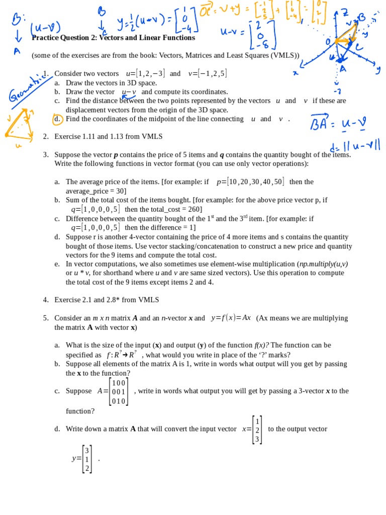 Practice Question 2 Vectors And Linear Functions Pdf Vector Space Linear Map