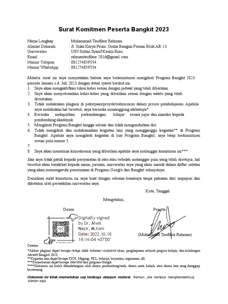 Surat Komitmen Peserta Bangkit 2023 | PDF