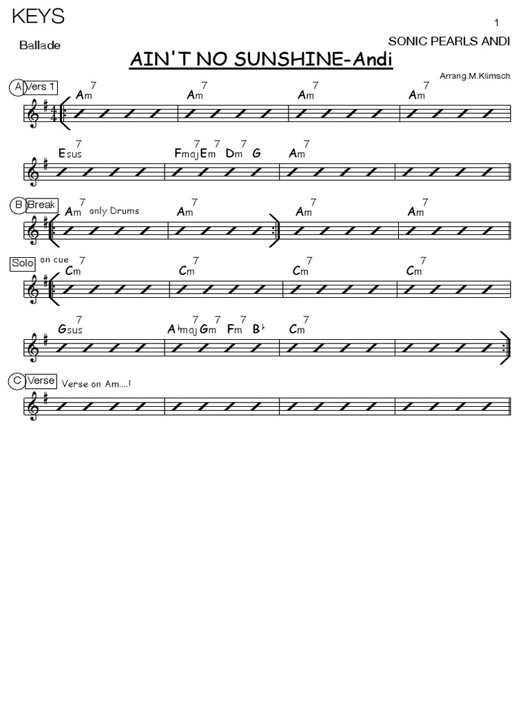 Ain't No Sunshine - Chord Sheet | PDF