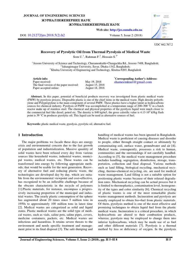 Recovery of Pyrolytic Oil From Thermal Pyrolysis of Medical Waste | PDF ...