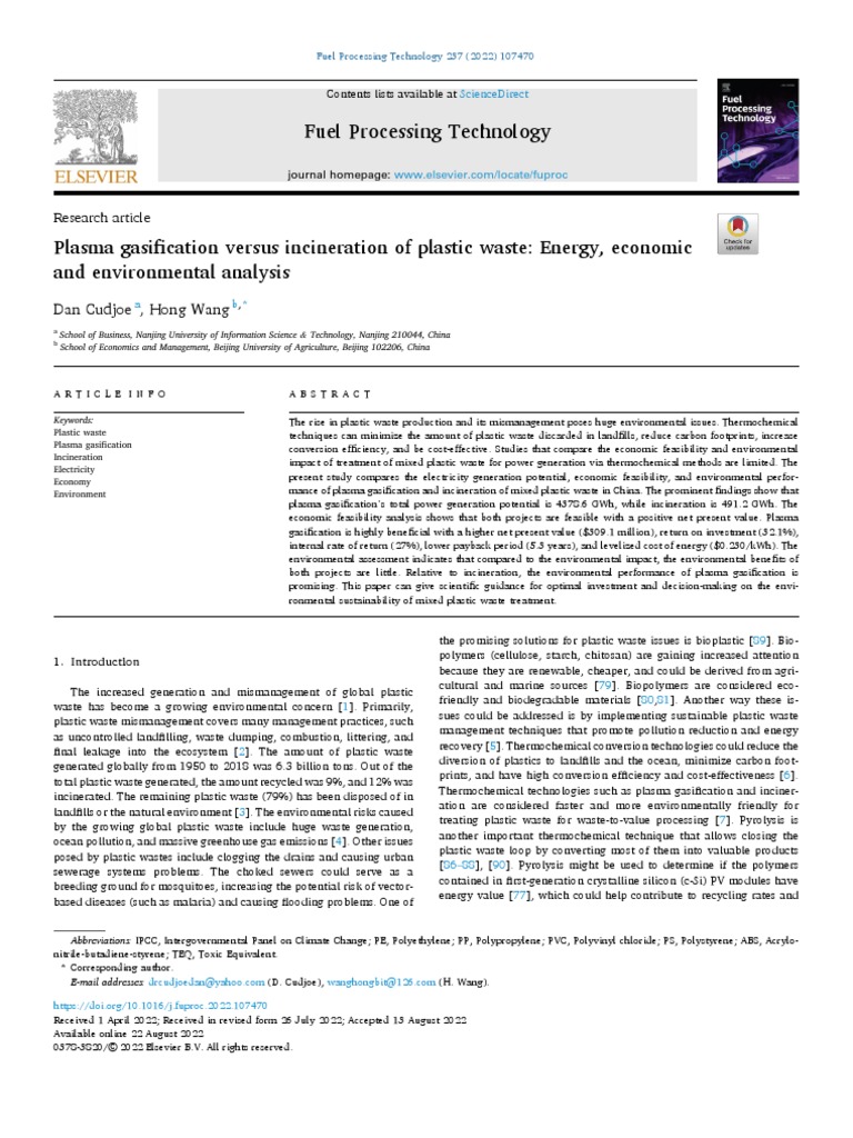 Plasma Gasification Versus Incineration of Plastic Waste Energy ...