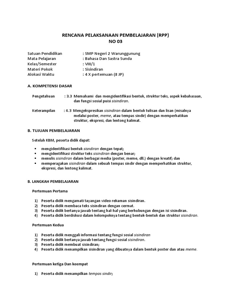RPP Bahasa Sunda Kelas Viii Sisindiran | PDF