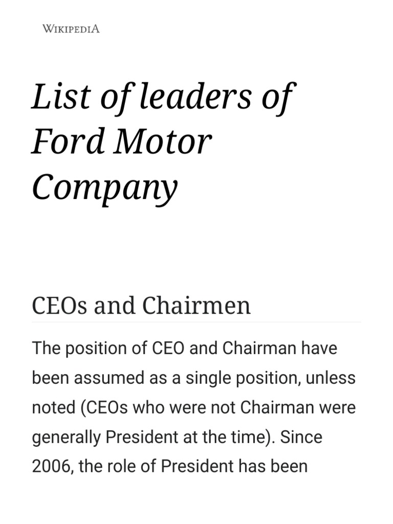 List of Leaders of Ford Motor Company - Wikipedia | PDF | Vehicle ...