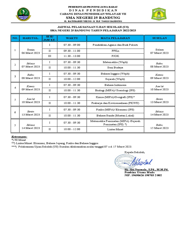 Final Rev - Jadwal Ujian Sekolah (US) SMAN 25 Bandung Tahun Pelajaran ...
