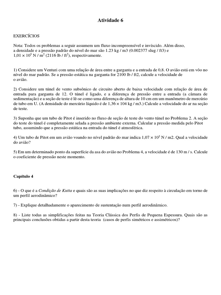Atividade 6- Exercícios | PDF | Aerofólio | Pressão