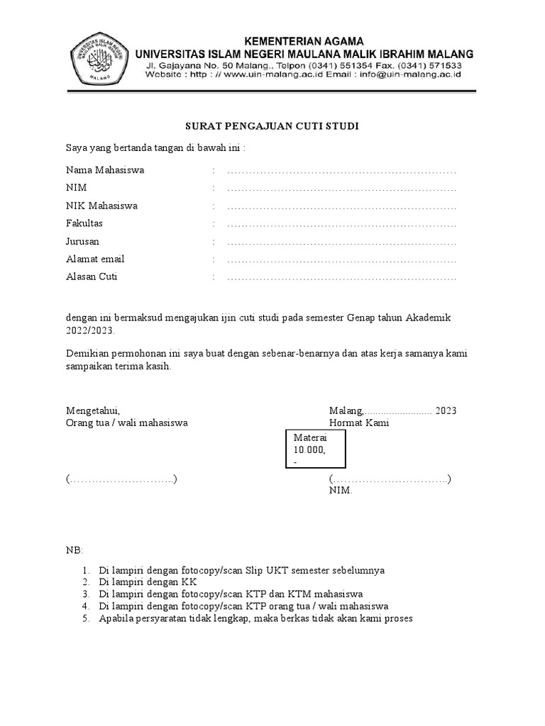 Formulir Pengajuan Cuti Studi | PDF