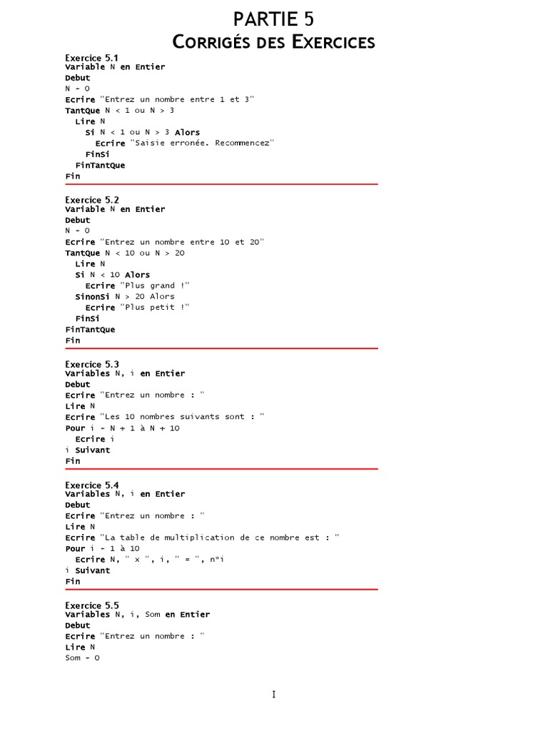 Corrigés des exercices 5 en algorithme | PDF | Informatique | Informatique