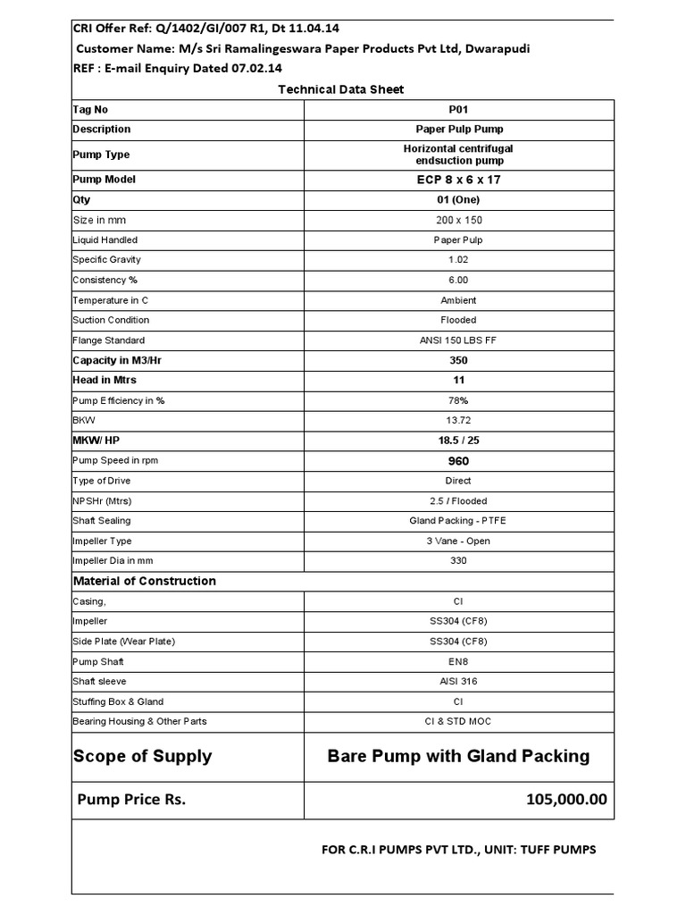 Paper Pulp Pump Technical Data Sheet | PDF | Pump | Chemical Engineering