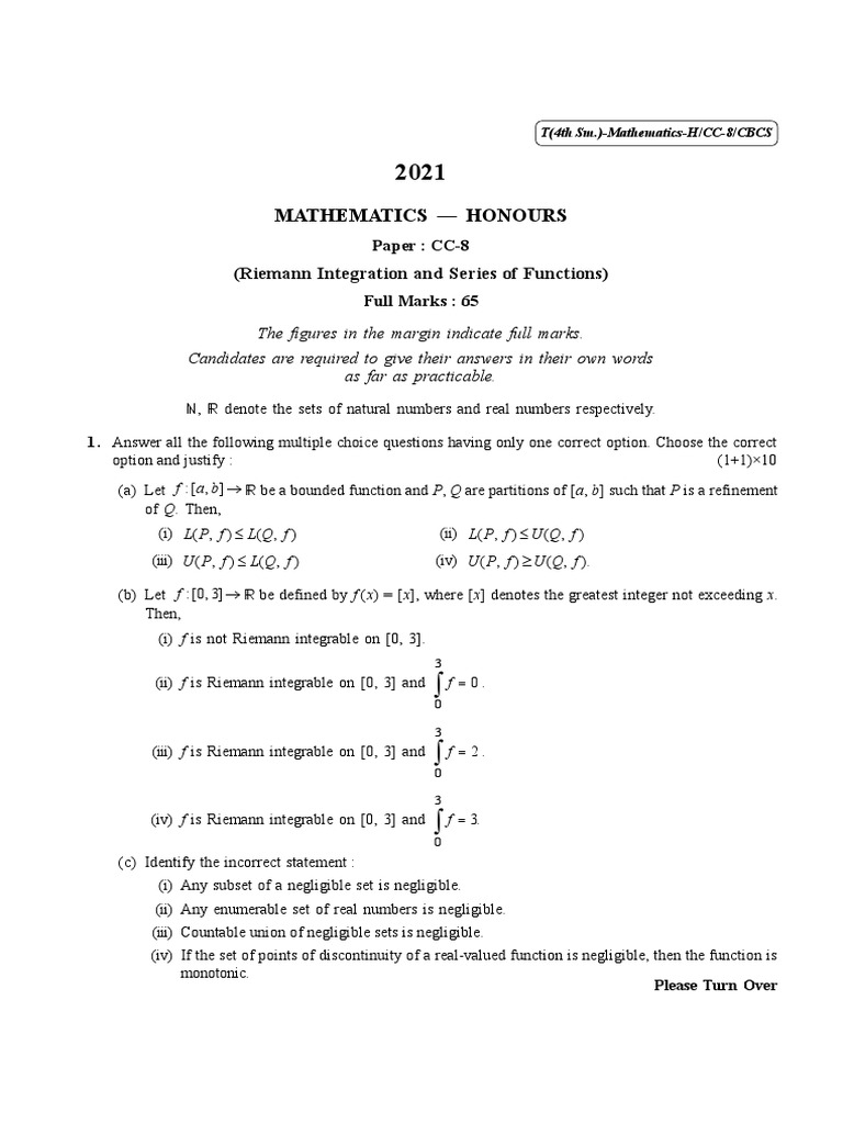 CU-2021 B.Sc. (Honours) Mathematics Semester-IV Paper-CC-8 QP ...