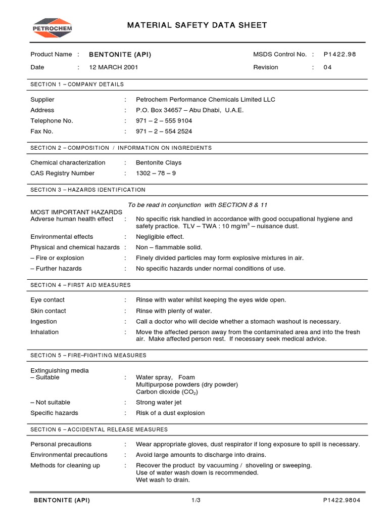 Bentonite API MSDS | PDF | Hazards | Water