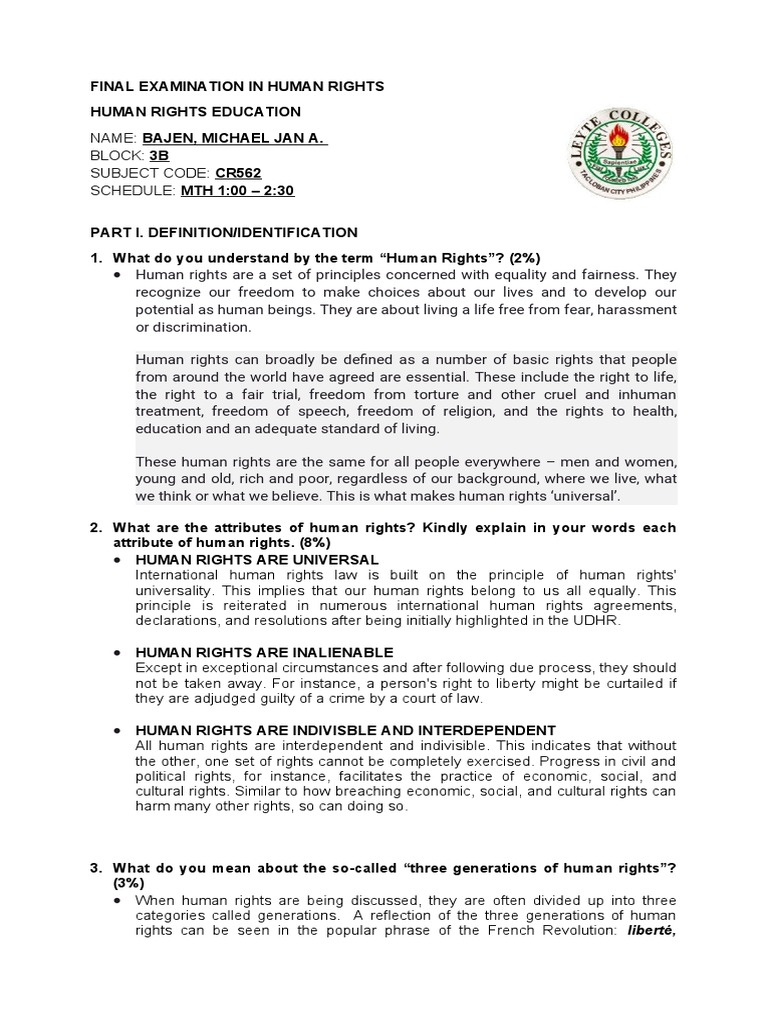 Bajen, Michael Jan A. Final Examination in Human Rights Education | PDF ...