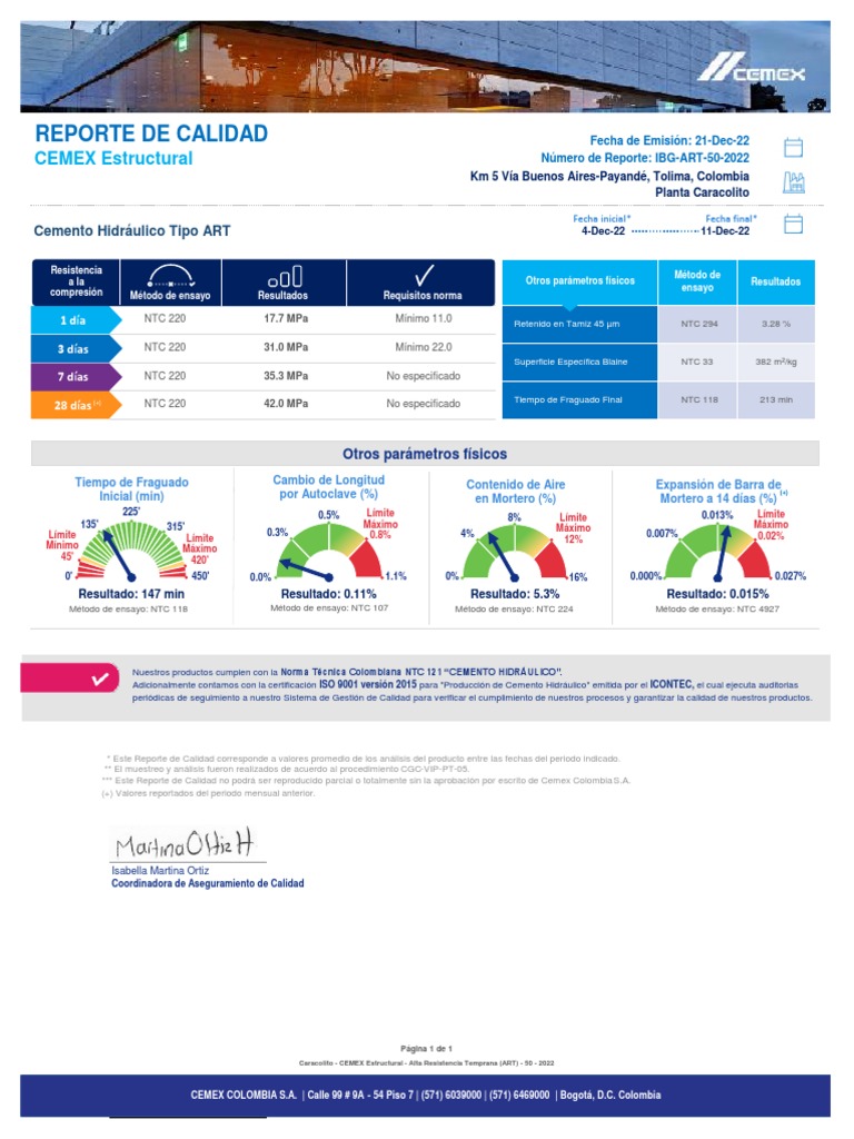 Reporte de Calidad Diciembre 2022 | PDF | Cemento | Organización ...