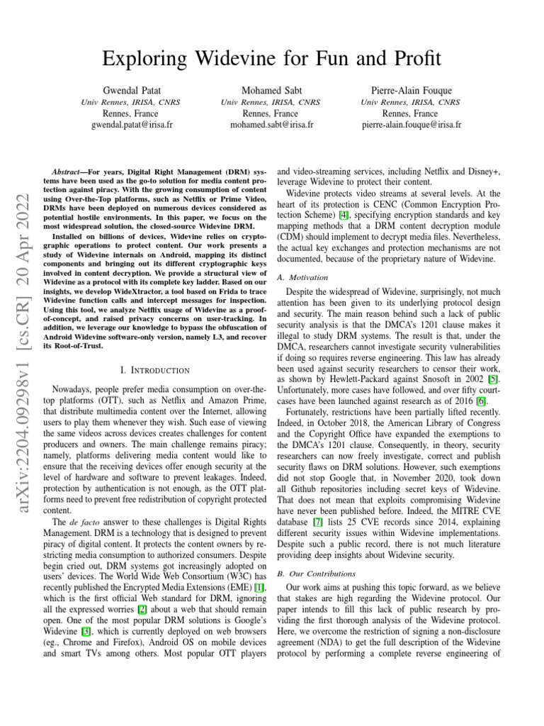 Exploring Widevine For Fun and Profit | PDF | Key (Cryptography ...