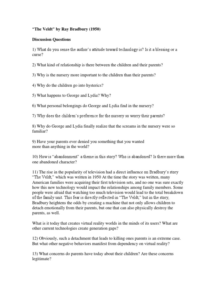 Discussion Questions for "The Veldt" | PDF