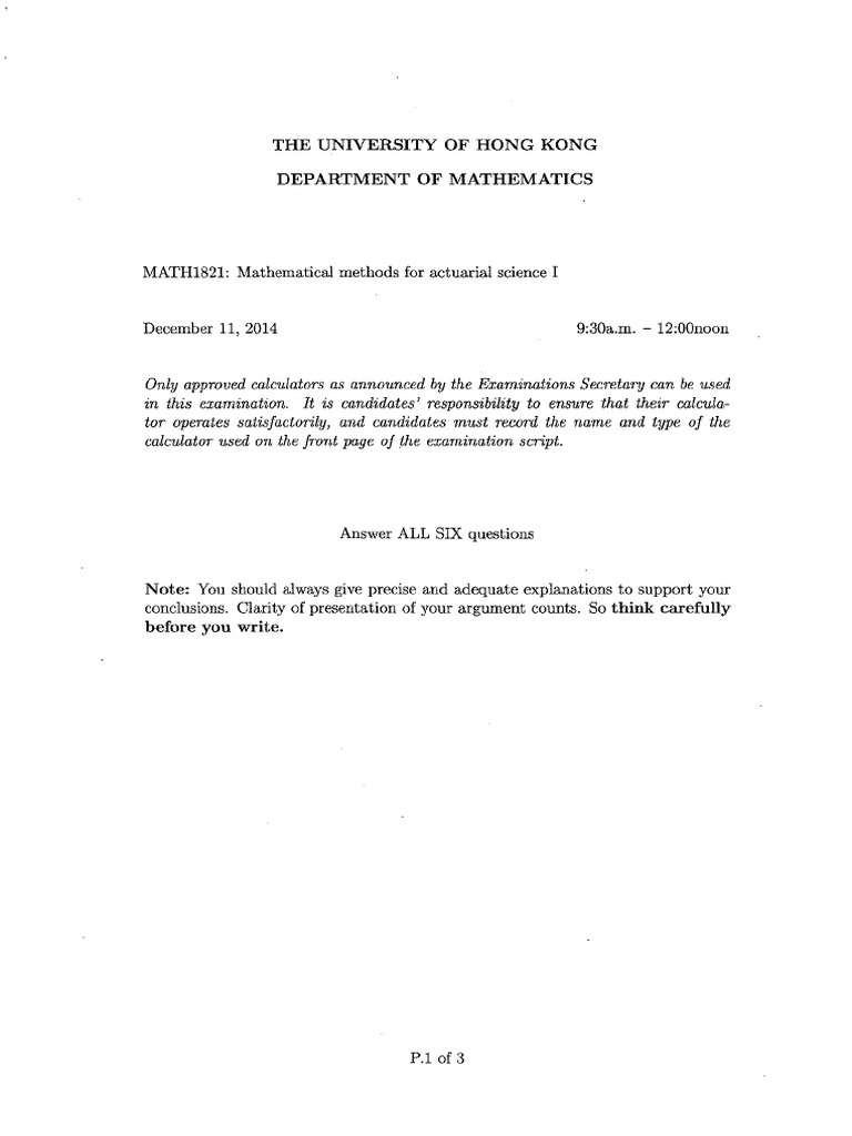 HKU Math1821 Exam Paper 2014 | PDF | Mathematical Concepts ...