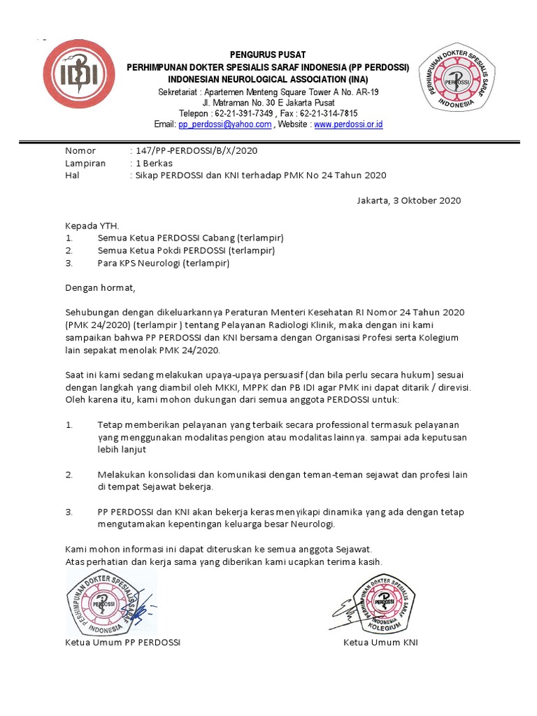 Sikap PERDOSSI Dan KNI Terhadap PMK No 24 Tahun 2020 | PDF