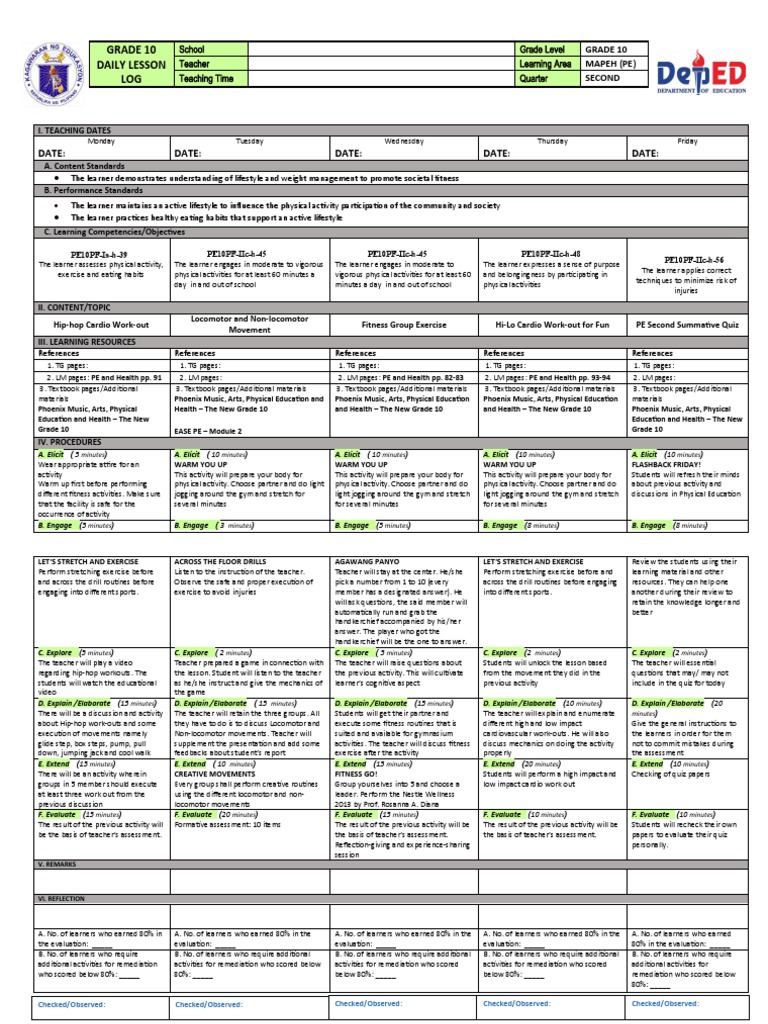 Grade 10 PE Lesson Plan Overview | PDF | Physical Education | Teachers