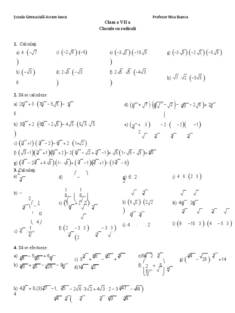 Operatii Cu Radicali Cls Vii Fisa de Lucru | PDF | Échecs | Théorie (échecs)