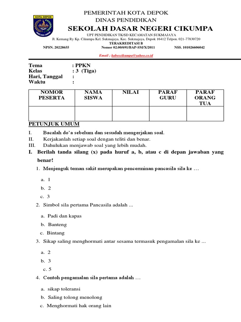 SOAL PTS Ganjil 2021 PPKN Kls 3 | PDF