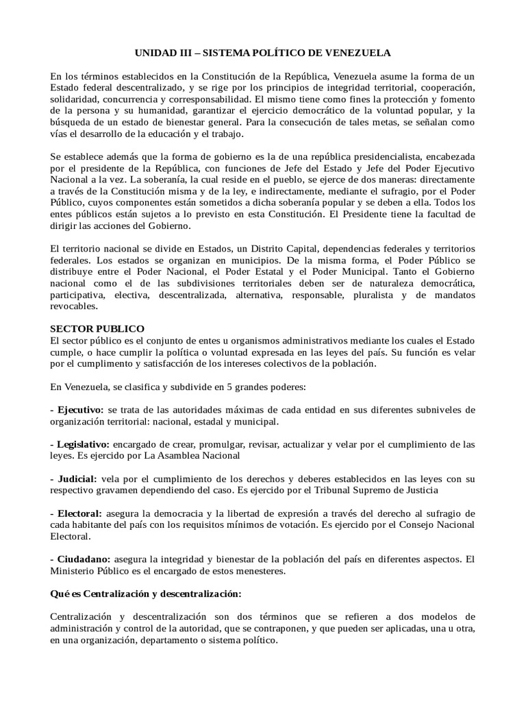 Sistema Político y Poderes en Venezuela | PDF | Gobierno | Estado ...