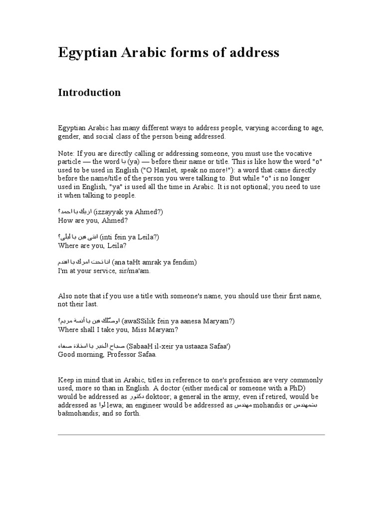 Egyptian Arabic Address Forms | PDF