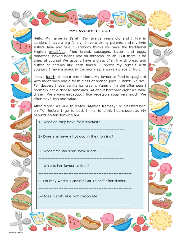 My Favourite Food Reading Comprehension Exercises 107510 | PDF | Lunch ...