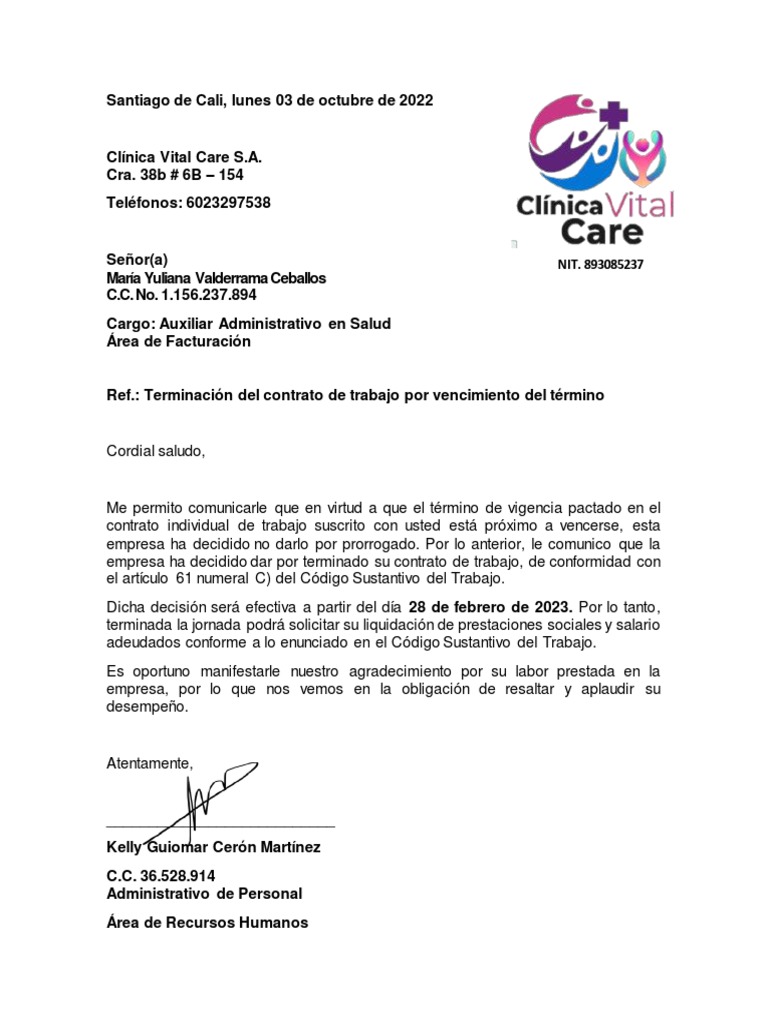Plantilla Carta Terminacion Contrato Laboral PDF | PDF