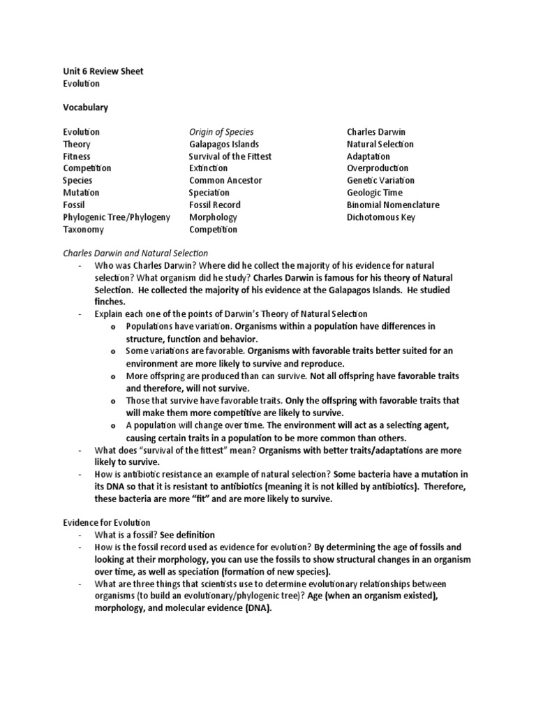 Unit 6 Review Sheet Answer Key | PDF | Evolution | Sexual Reproduction