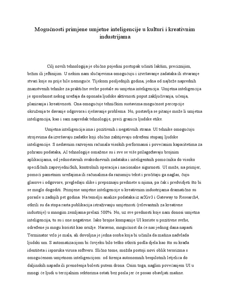 Mogućnosti Primjene Umjetne Inteligencije U Kulturi I Kreativnim Industrijama | PDF