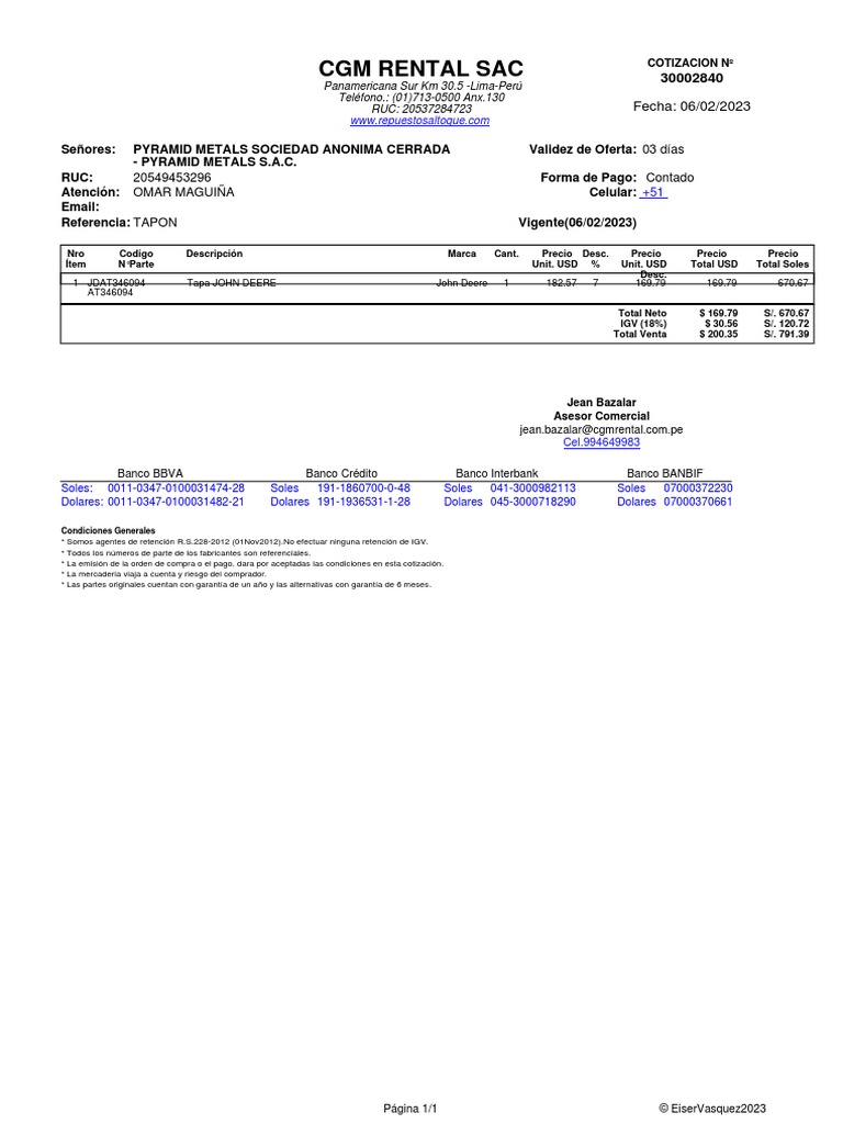 Cotizacion Tapa | PDF | Bancario | Economias