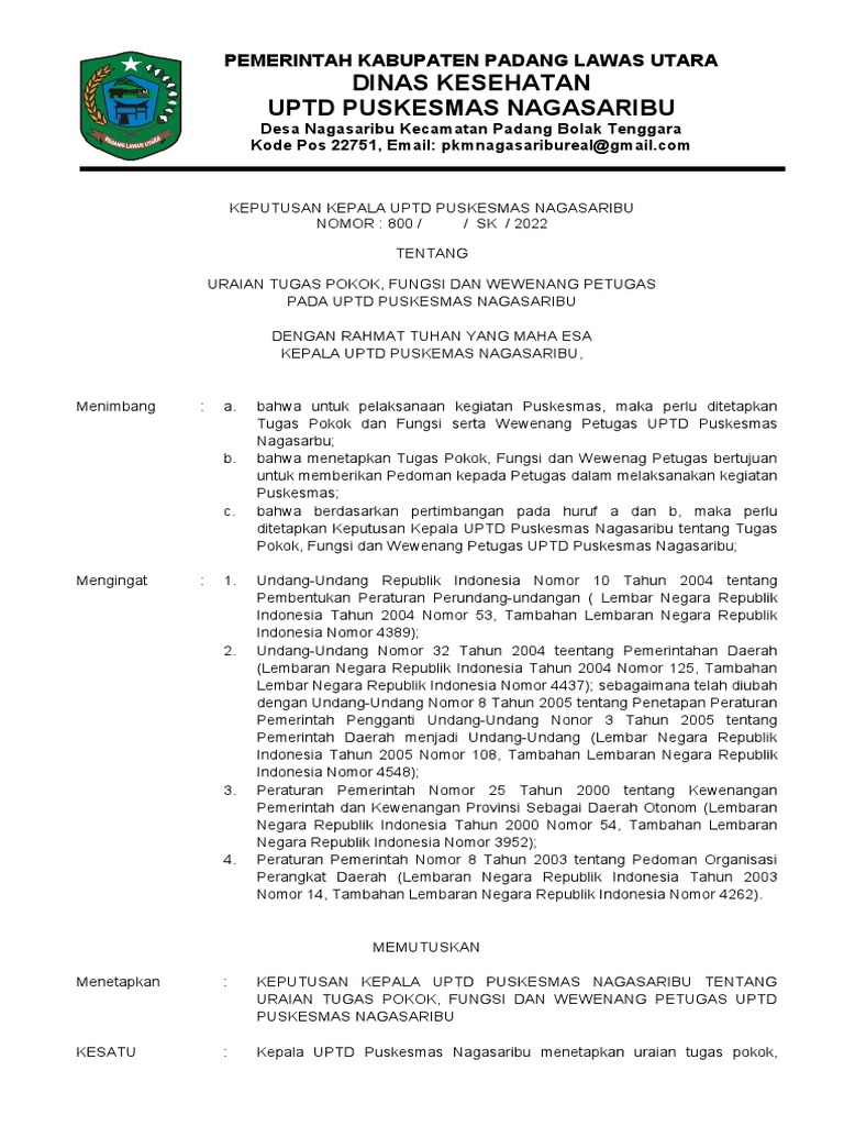 1.3.2.1 SK Uraian Tugas, Fungsi Dan Wewnang Petugas | PDF