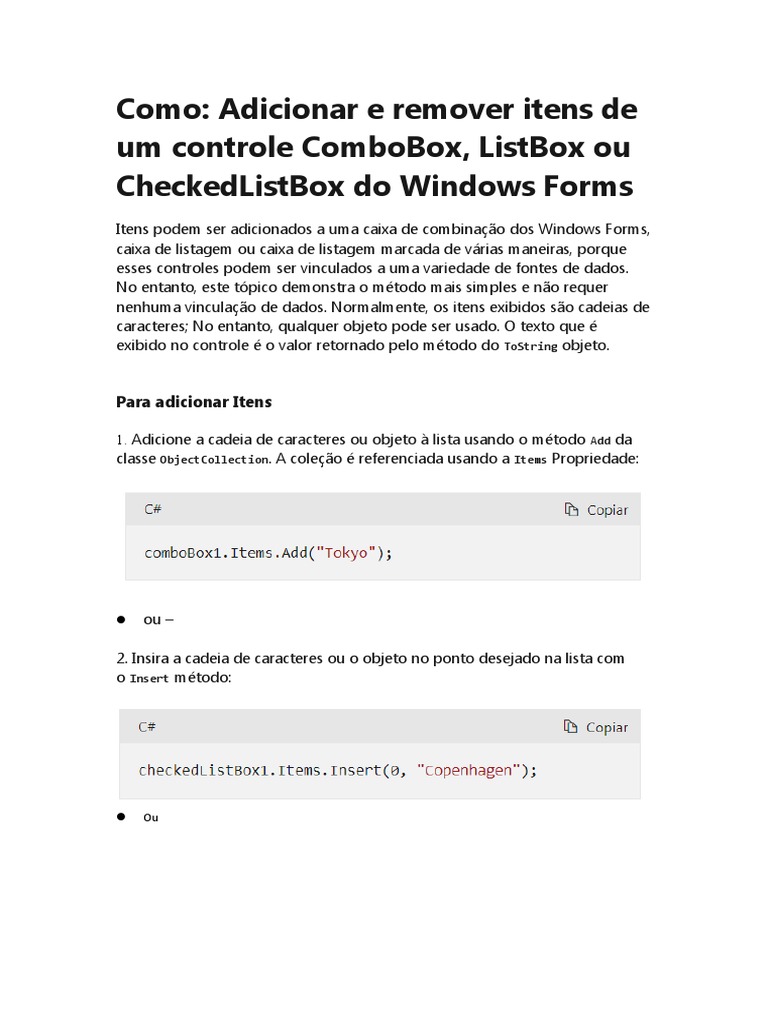 Gerenciar Itens em ComboBox no Windows Forms | PDF