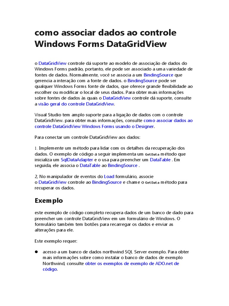 Como Associar Dados Ao Controle Windows Forms DataGridView | PDF | Microsoft SQL Server | Bancos ...