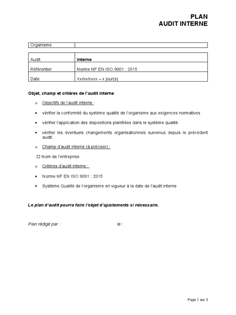 Plan Audit Interne ISO 9001 2015 | PDF | Audit | Audit interne