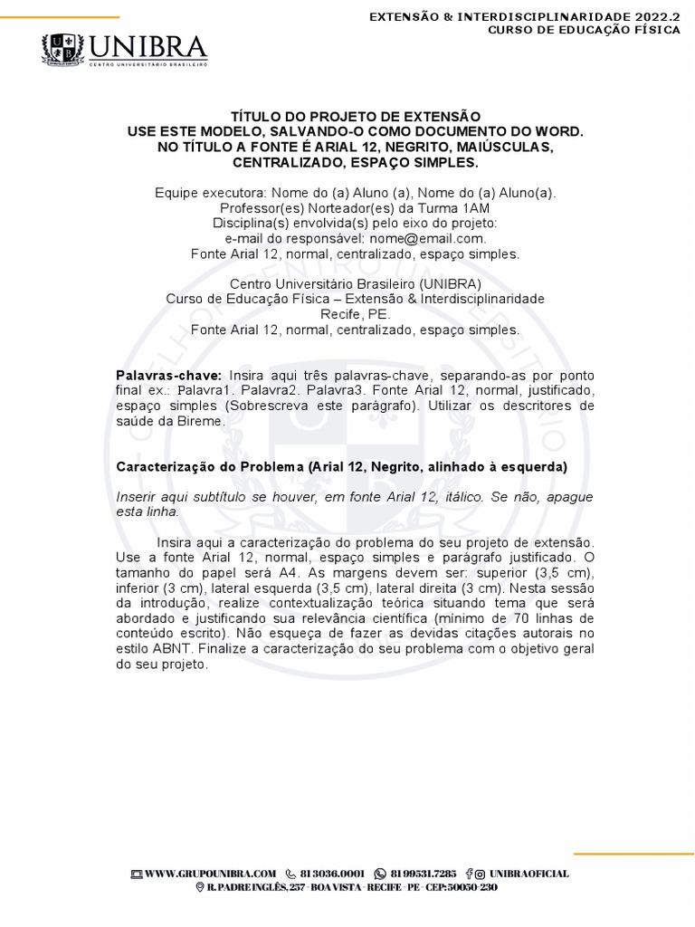 Modelo de Projeto de Extensão Unibra | PDF | Arial