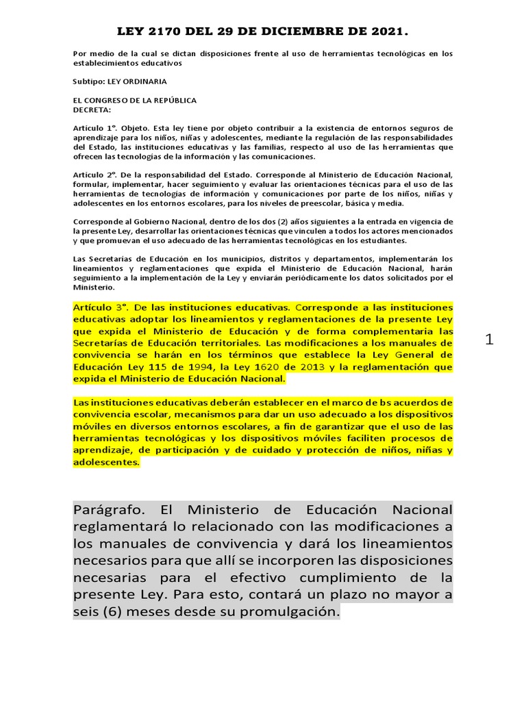 Ley 2170 de 2021 | PDF | Educación de la primera infancia | Gobierno