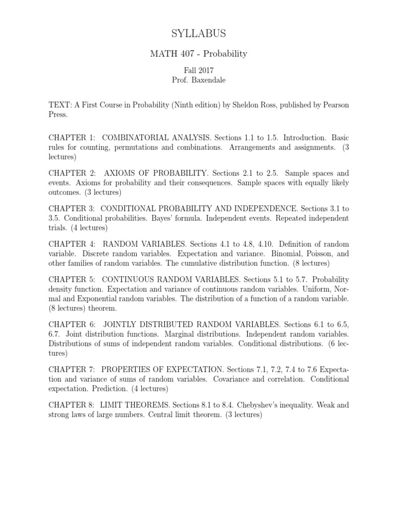 Syllabus: MATH 407 - Probability | PDF | Teaching Methods & Materials