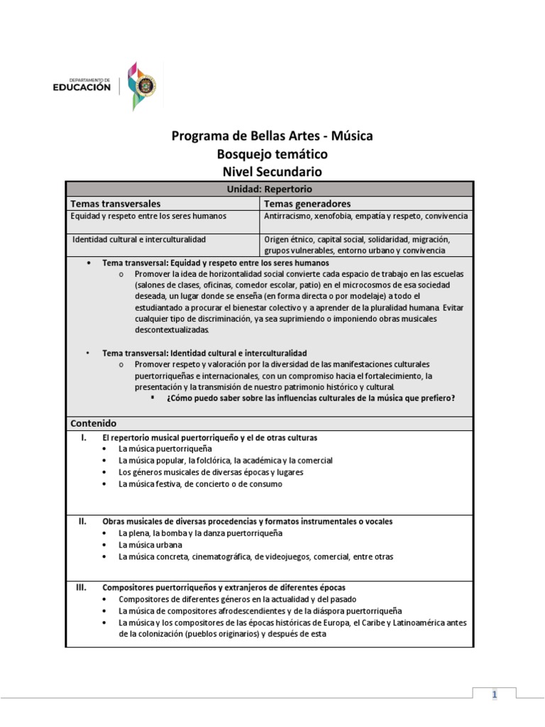 Bosquejo Temático - Música - Nivel Secundario 2022 | PDF | Ritmo | Sonido