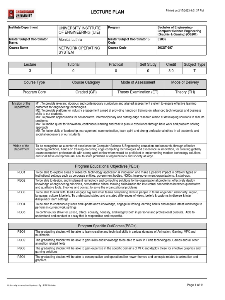 LecturePlan NOS | PDF | Engineering | Computer Network