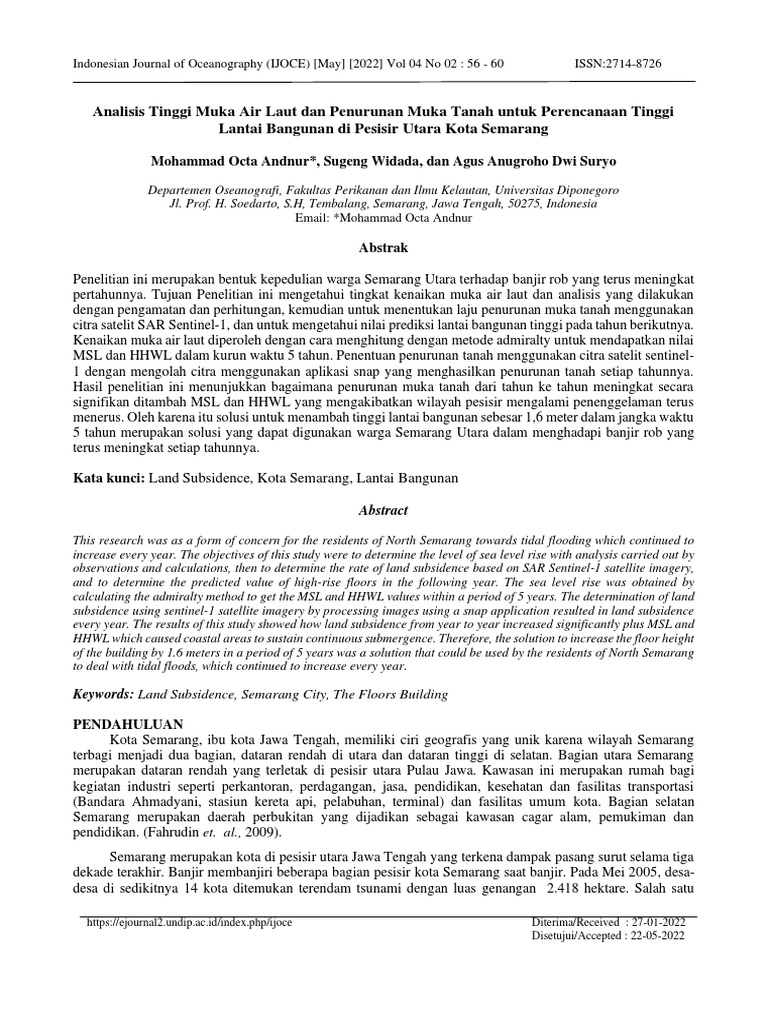Analisis Tinggi Muka Air Laut Dan Penurunan Muka Tanah Untuk Perencanaan Tinggi Semarang | PDF