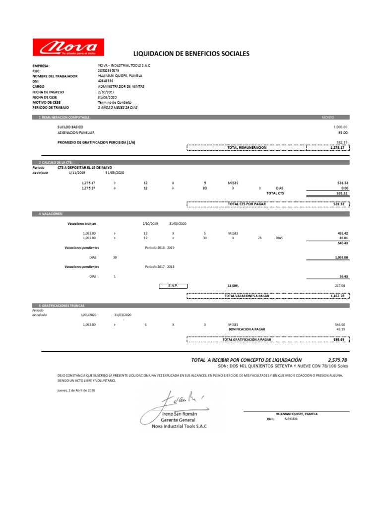 Liquidación Bbss - Pamela Huamani | PDF